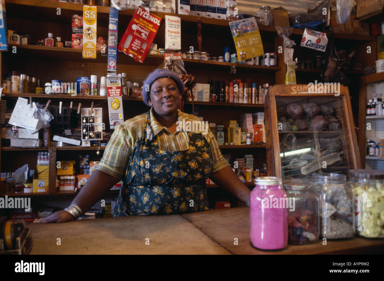 SOUTH AFRICA Gauteng Soweto Township Portrait of female shopkeeper ...
