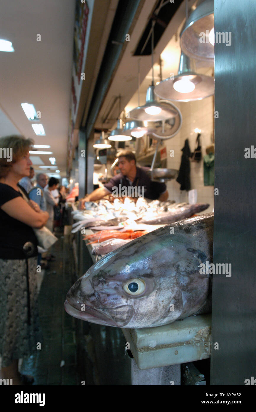 Large fish head on display at the interiors of central market in Malaga ...