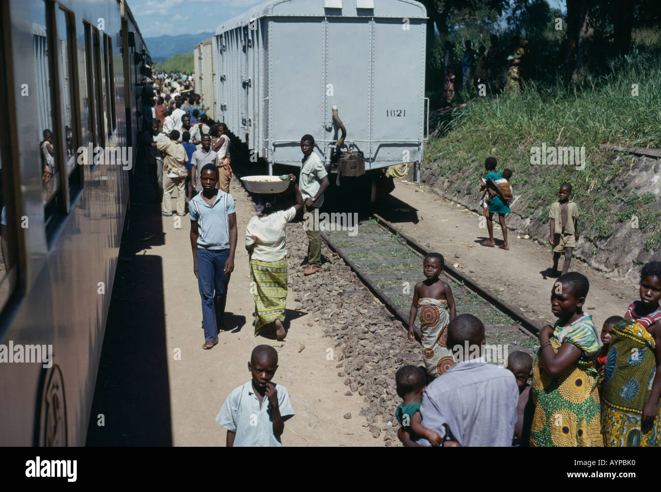 CONGO Central Africa Transport Train and passengers at country railway ...