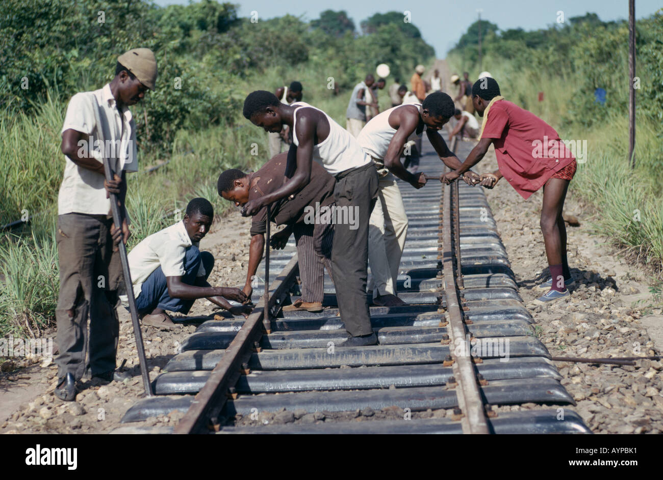 CONGO Central Africa Shaba Province Men working laying railway tracks ...