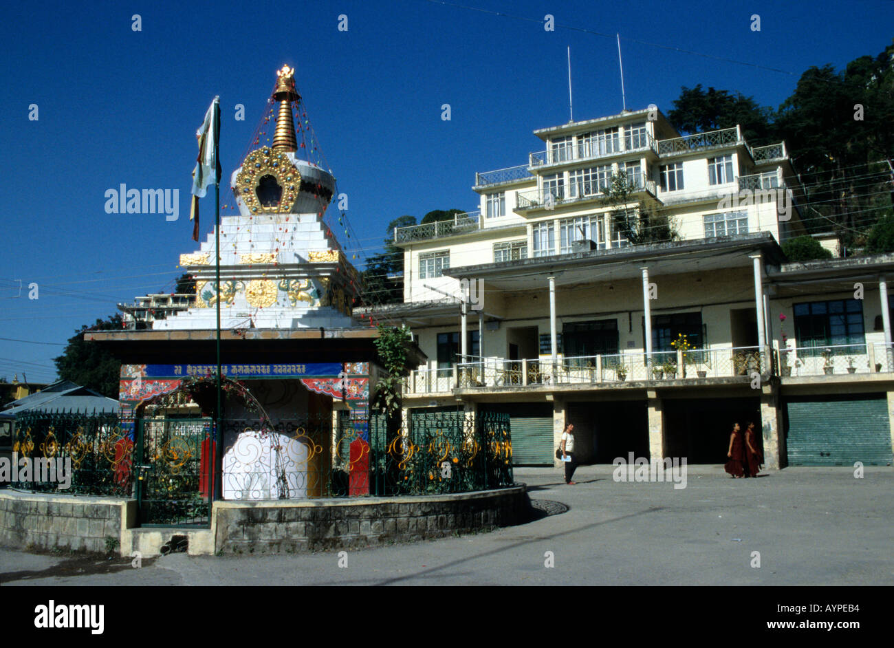 Buddhist stupa behind building of Central Tibetan Administration in ...