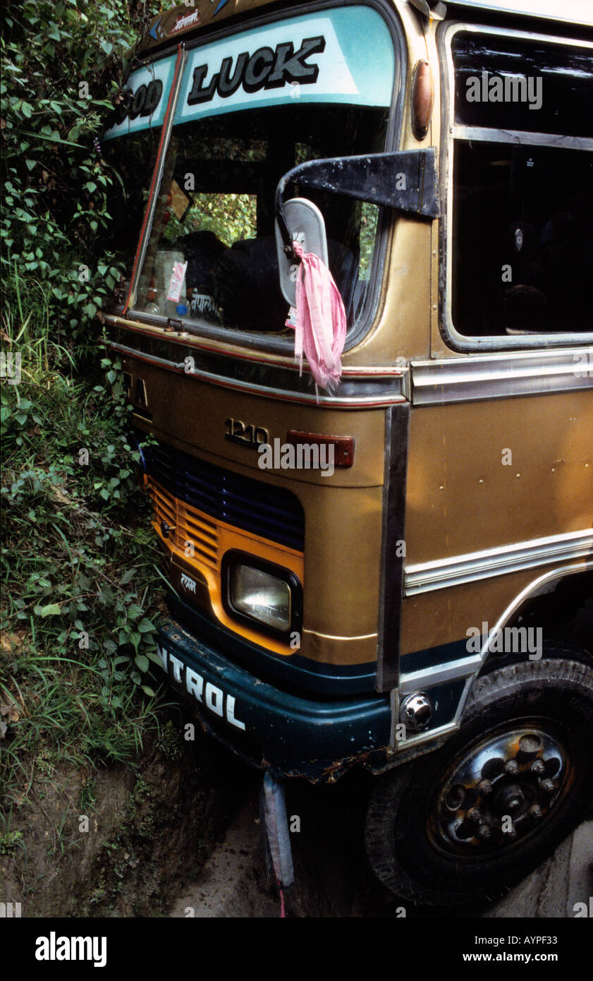 Crashed bus with Good Luck sign Stock Photo - Alamy