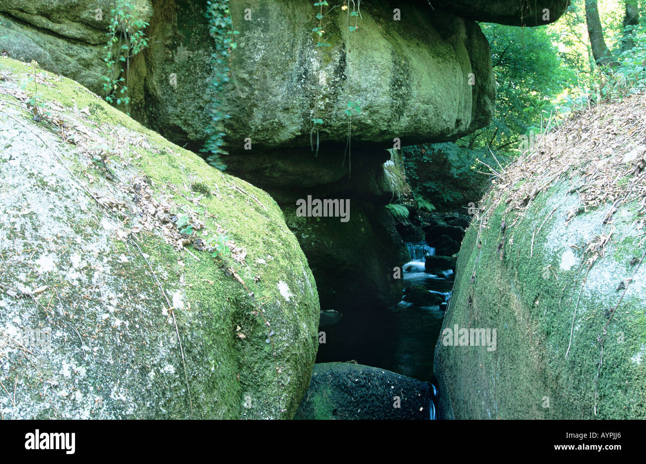View looking through moss covered rocks of the Gouffre to the river ...