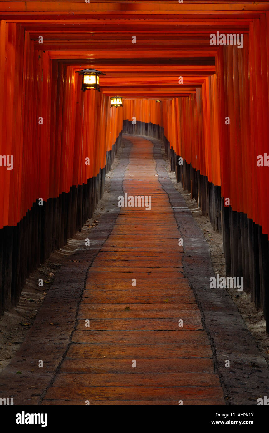 A path through red torii gates at Fushimi Inari Shrine, Japan Stock ...