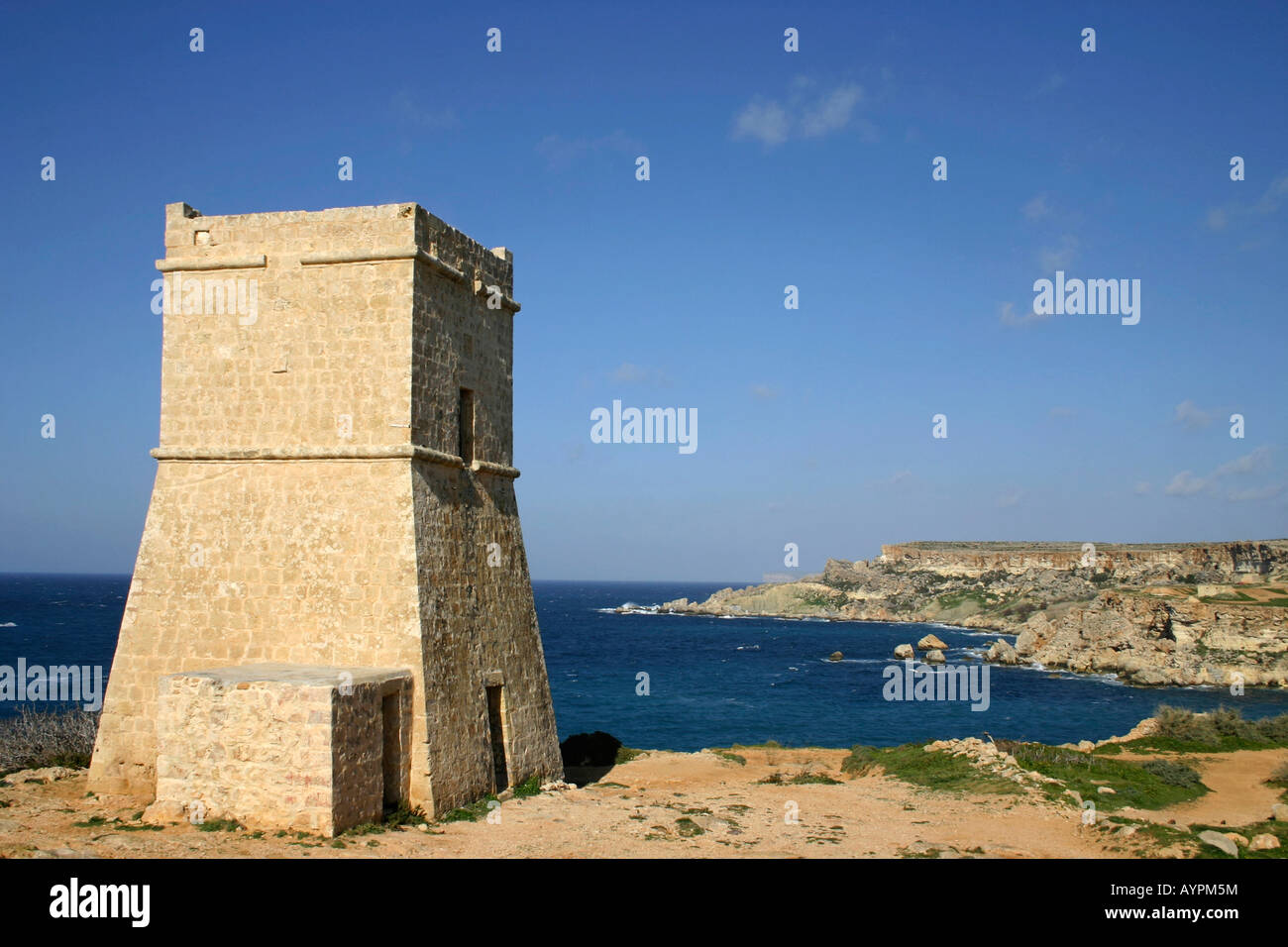 Historic watchtower, Golden Bay, Malta, Europe Stock Photo - Alamy