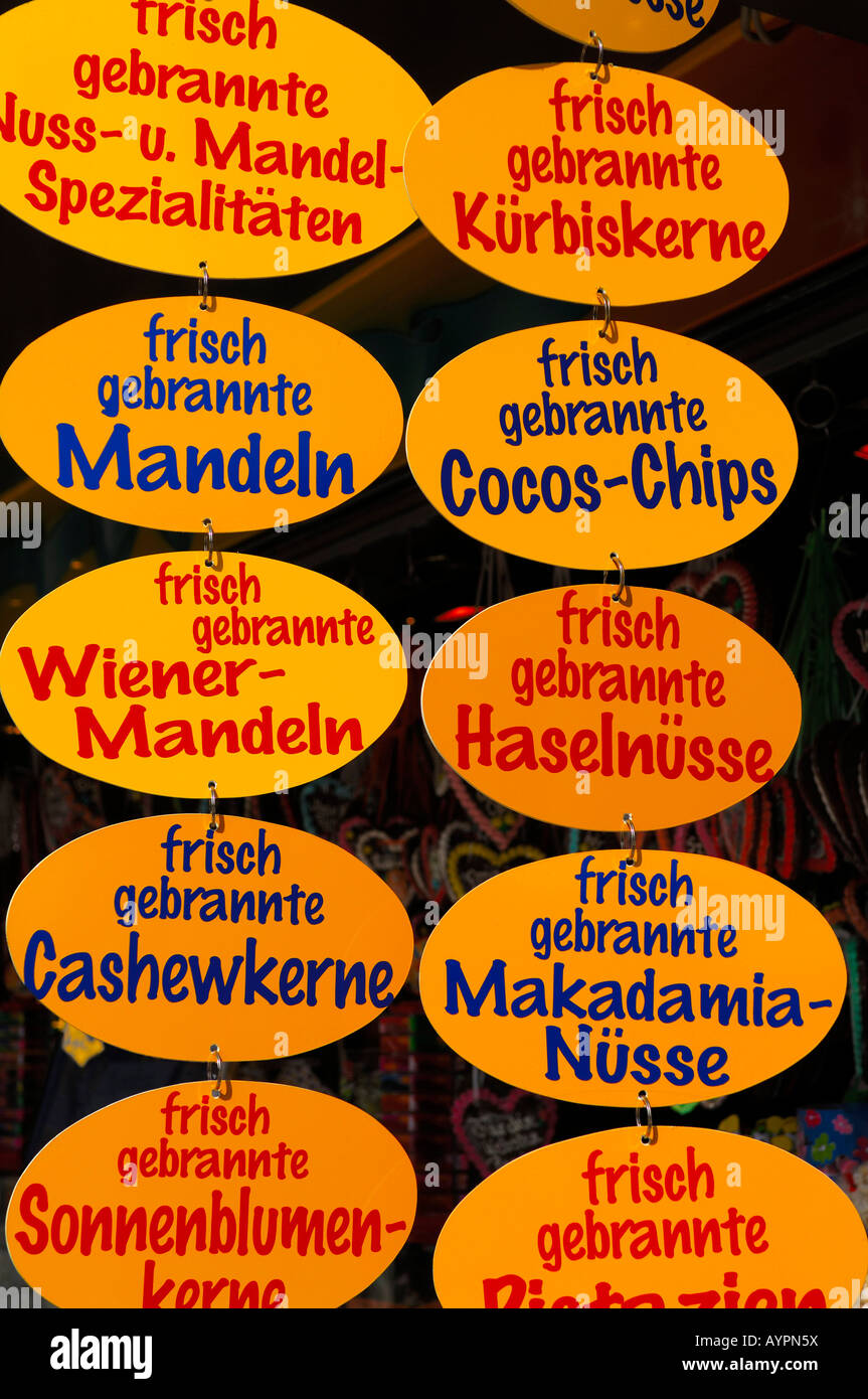 Signs (German) advertising treats at a fair, Stuttgart, Baden ...