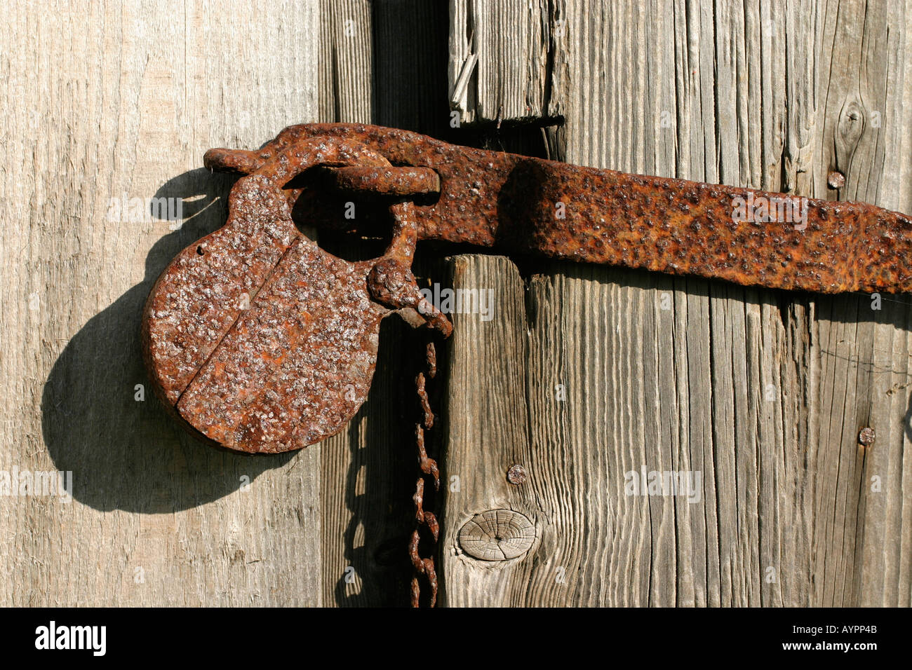A wooden door locked by a rusted iron lock Stock Photo - Alamy