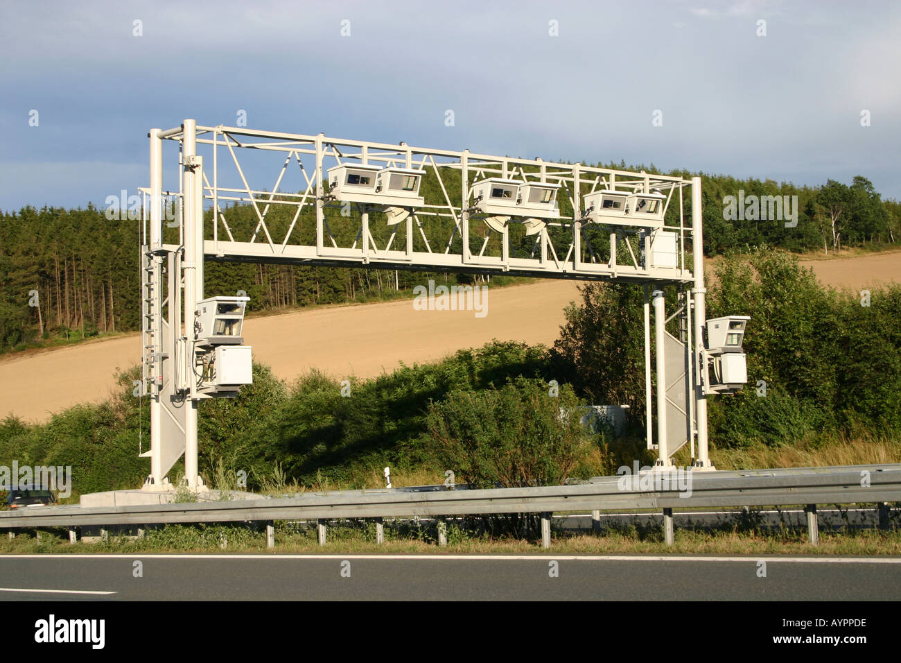 Side view of an overhead truss for registering the motorway toll Stock ...