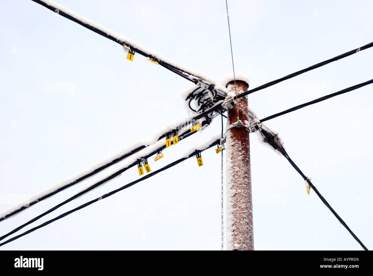 Snowy electric power lines pole Stock Photo - Alamy