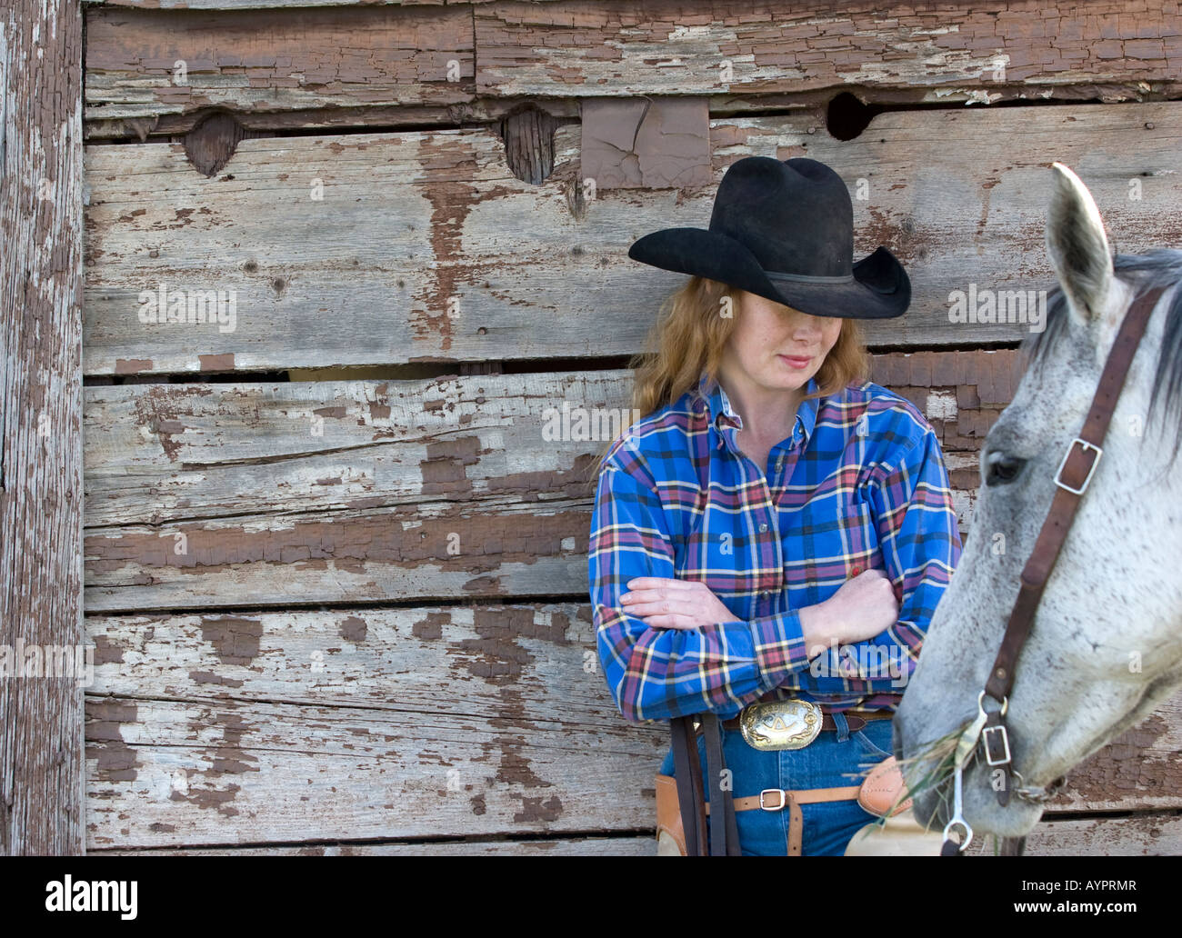 A cowgirl relaxes with her horse on a ranch in colorado Stock Photo - Alamy