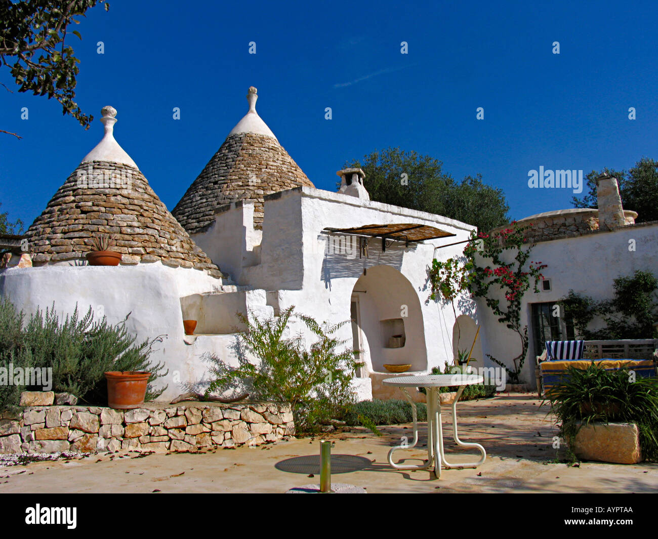 A traditional conical-roofed trullo house in Puglia, southern Italy ...