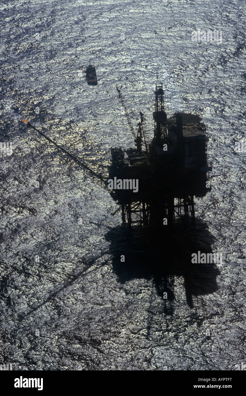 1980s North Sea Scottish oil rig ariel view from a supply helicopter ...
