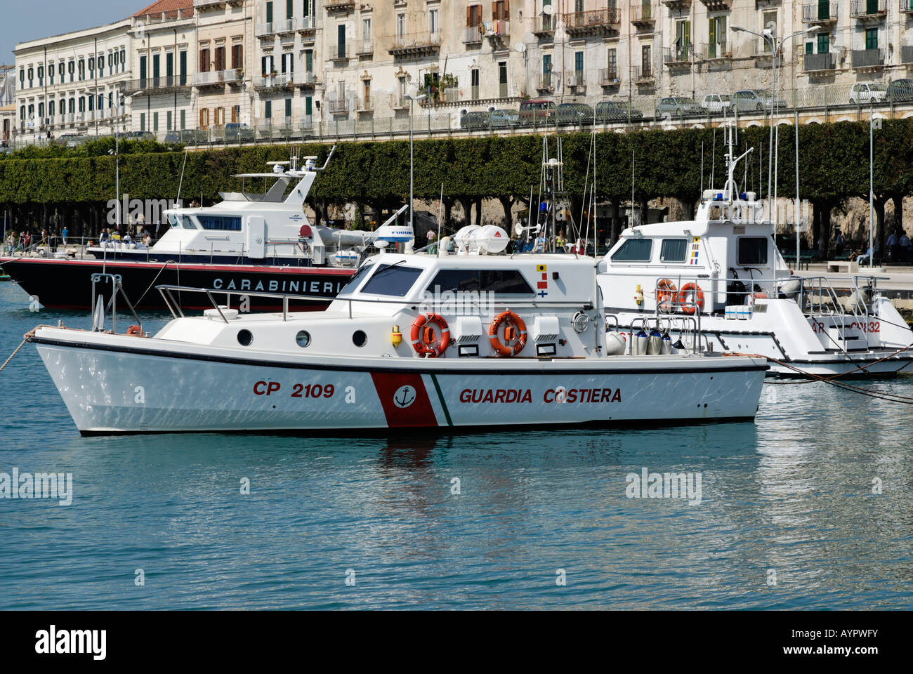 Guardia Costiera (Coast Guard) boat in the harbour at Syracuse, Sicily ...
