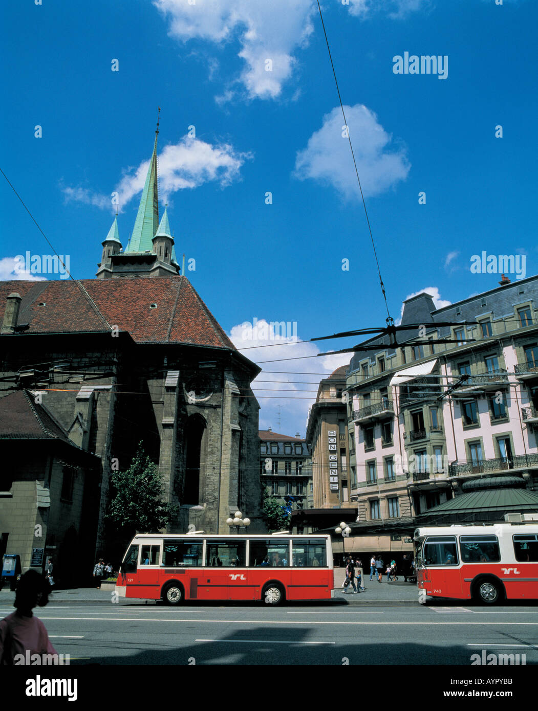 Church with Red Bus Stock Photo - Alamy