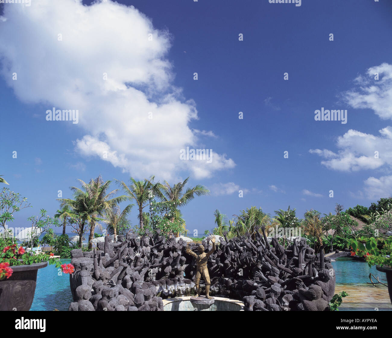 Palm Trees with Statue and Pool Stock Photo - Alamy