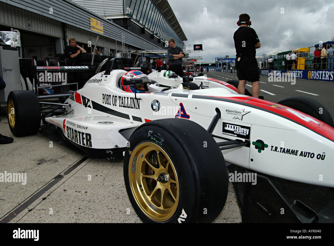 British Formula 3 racing car in the pits at Silverstone racing circuit ...
