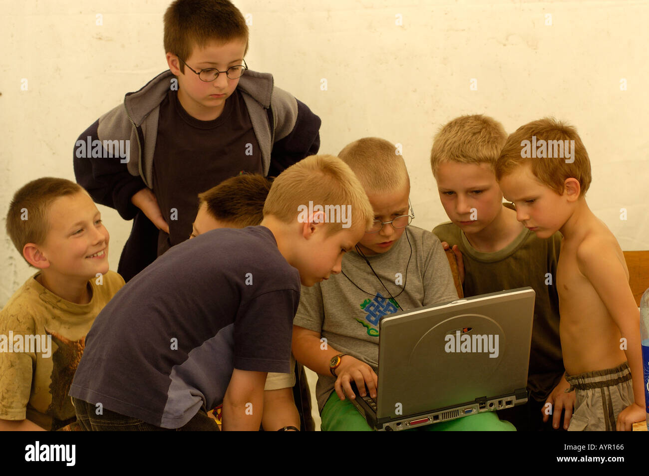 A group of children with laptop Stock Photo - Alamy
