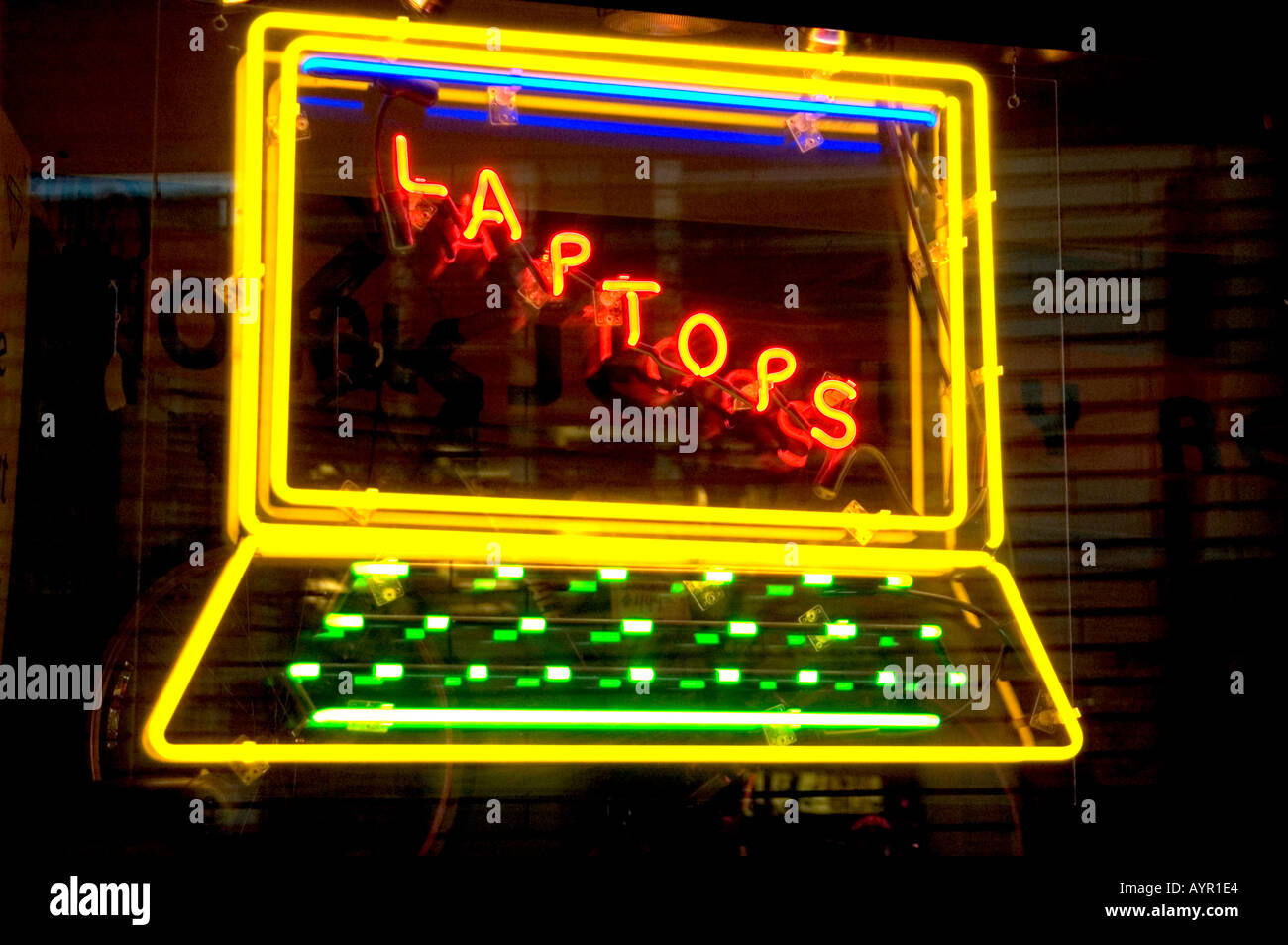 NEON SIGN IN ˆSHOP WINDOW ADVERTISING LAPTOP COMPUTERS "FOR SALE ...