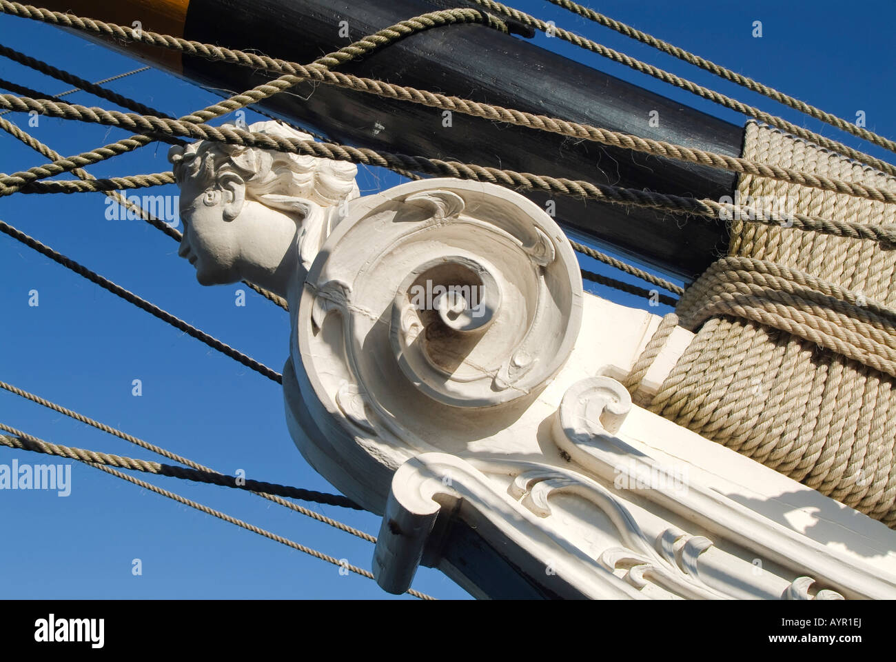 Figurehead on the prow of the Brig Amity, replica of a sailing ship ...