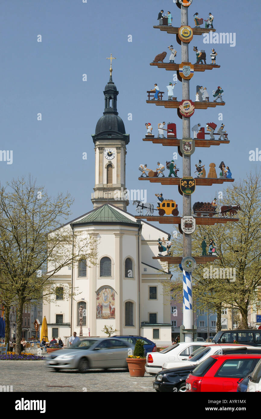 Maypole in front of St. Oswald's Church in Traunstein, Upper Bavaria ...