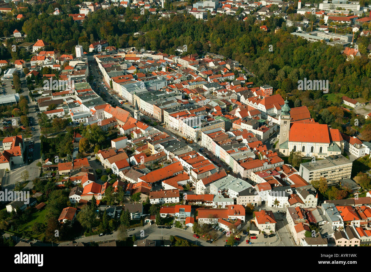 Aerial view of the historic centre of Muehldorf am Inn, Upper Bavaria ...