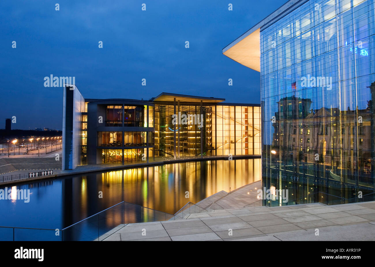 German Bundestag building reflected in the facade of the Marie ...