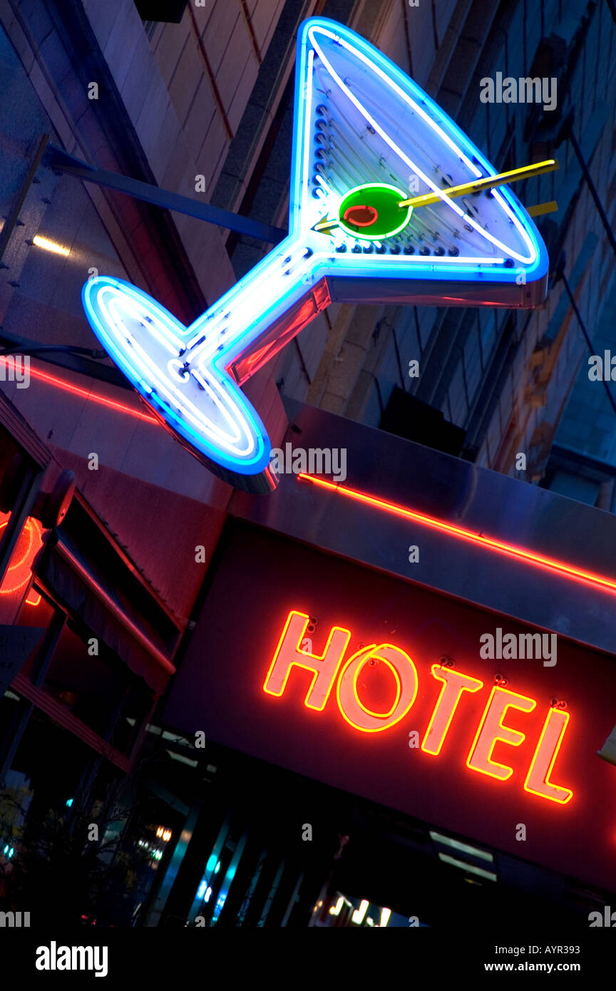 NEON COCKTAIL GLASS OUTSIDE A HOTEL BAR IN THE THEATER DISTRICT ...
