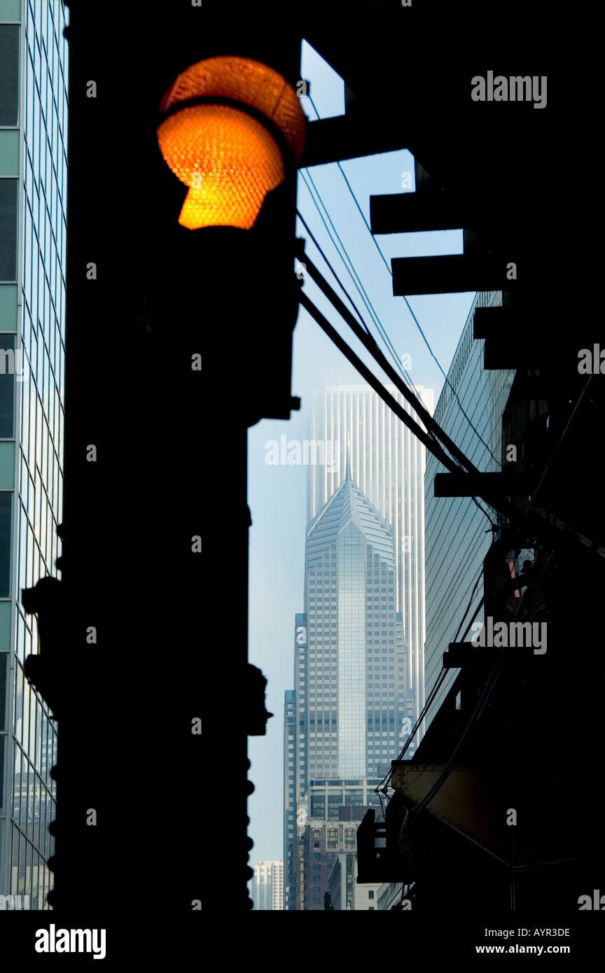 VIEW FROM UNDERNEATH THE OVERHEAD EL TRAIN TRACKS TO SKYSCRAPERS IN ...