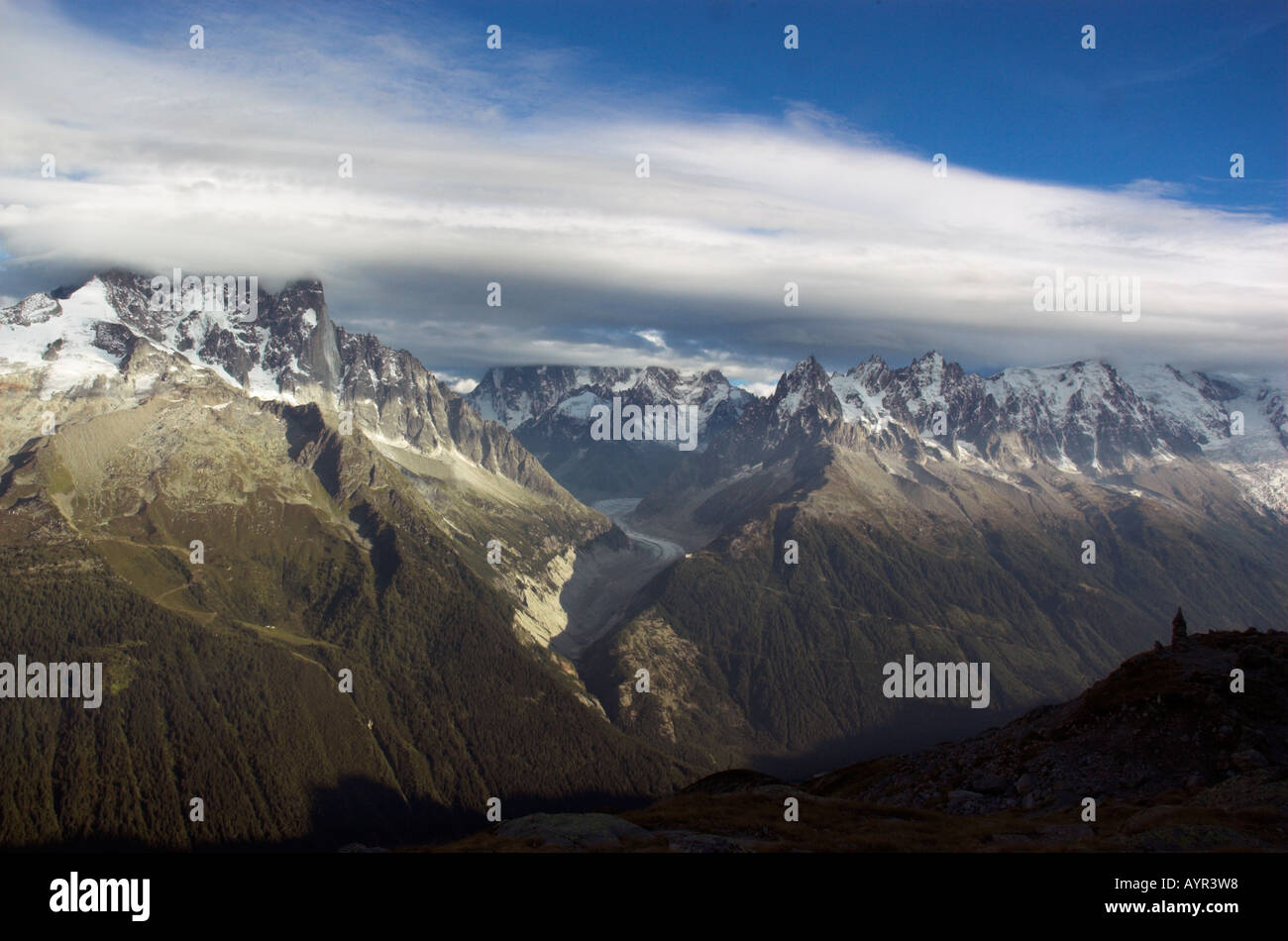 High altitude clouds over Mont Blanc and the Chamonix Alps in France ...