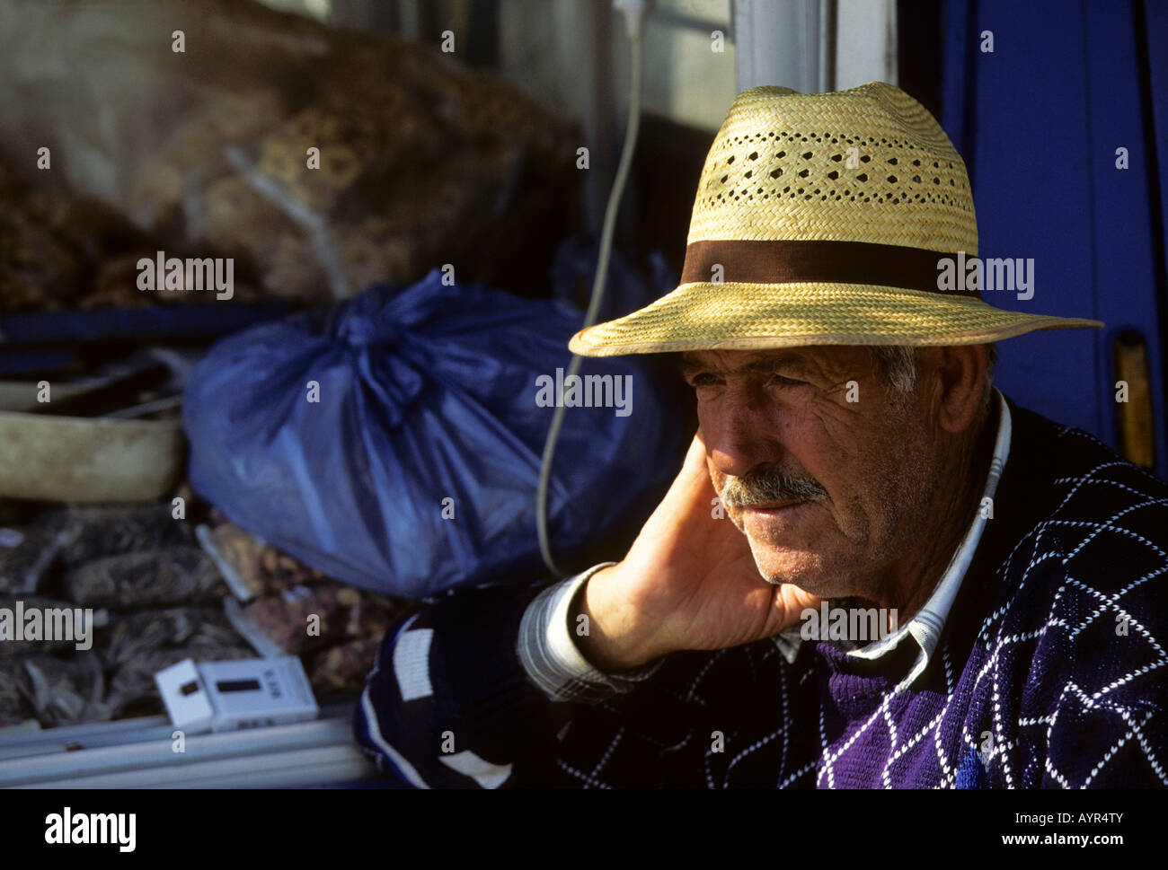 Man wearing straw hat, Rhodos Island, Dodecanese Islands, Aegean ...