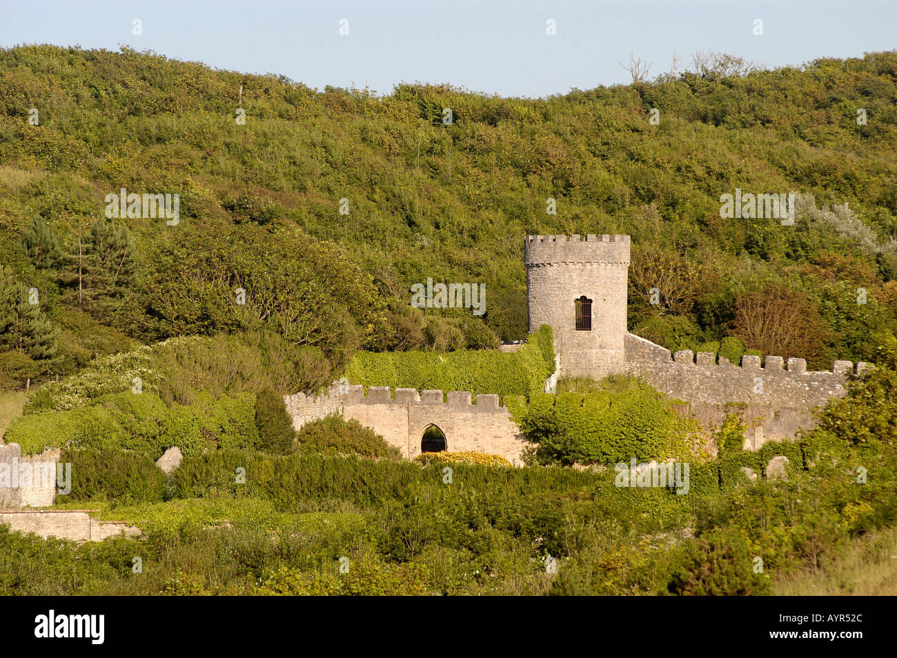 A small castle in Gower Peninsula Wales UK, featuring a stone tower and ...