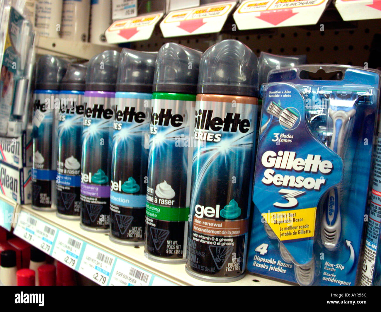 A display of Gillette shaving products on supermarket shelves Stock ...