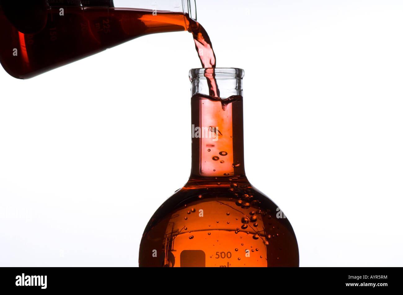 pouring liquid from Erlenmeyer flask into round beaker in lab ...