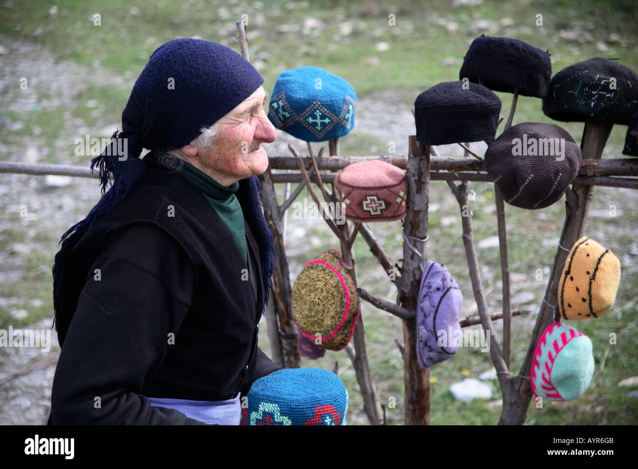 Roadside hat seller. Jvari Pass, Georgian Military Highway, Georgia ...