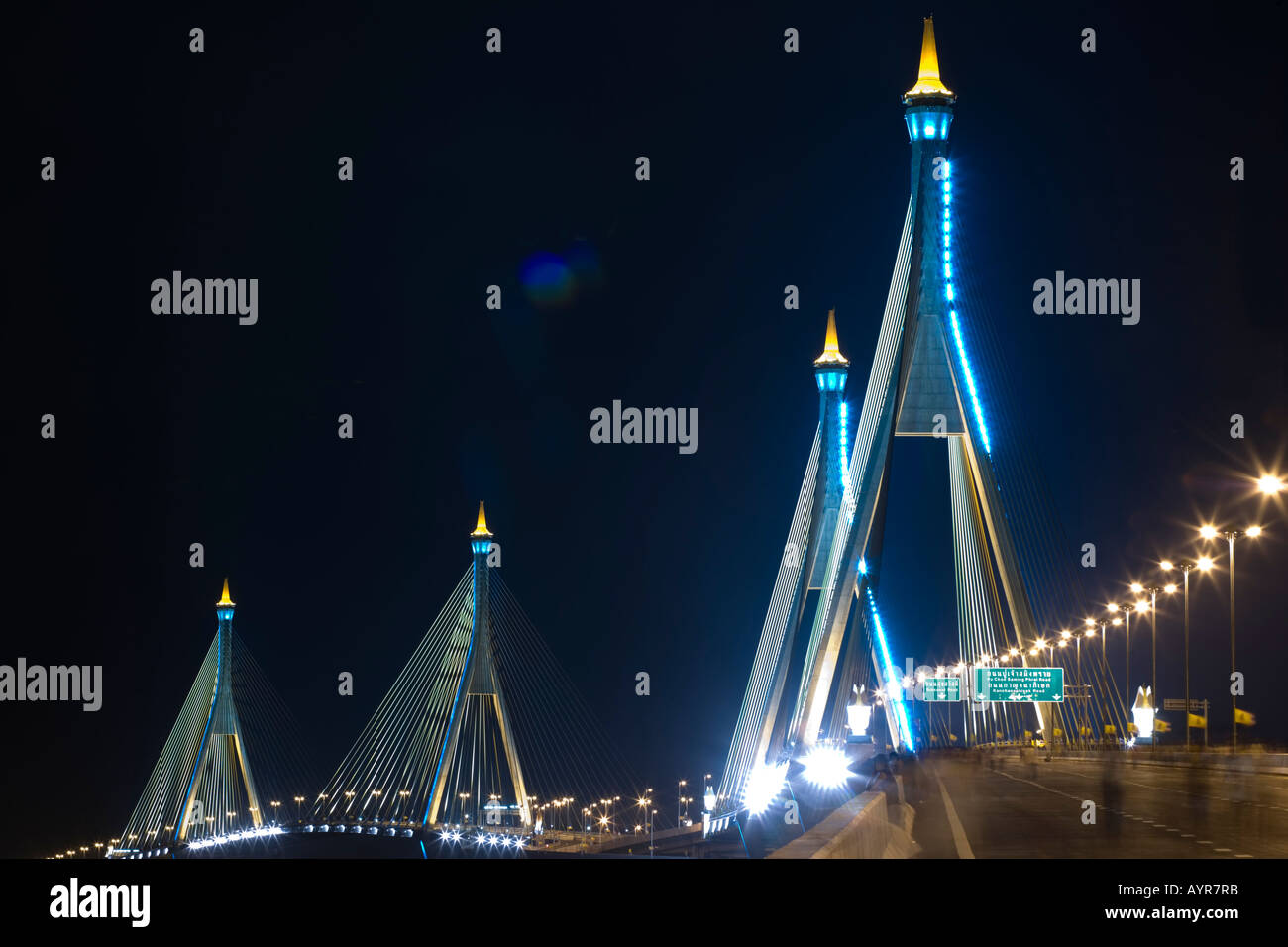 Lighted parapets on pedestrian night at the new mega-bridge, Bangkok ...