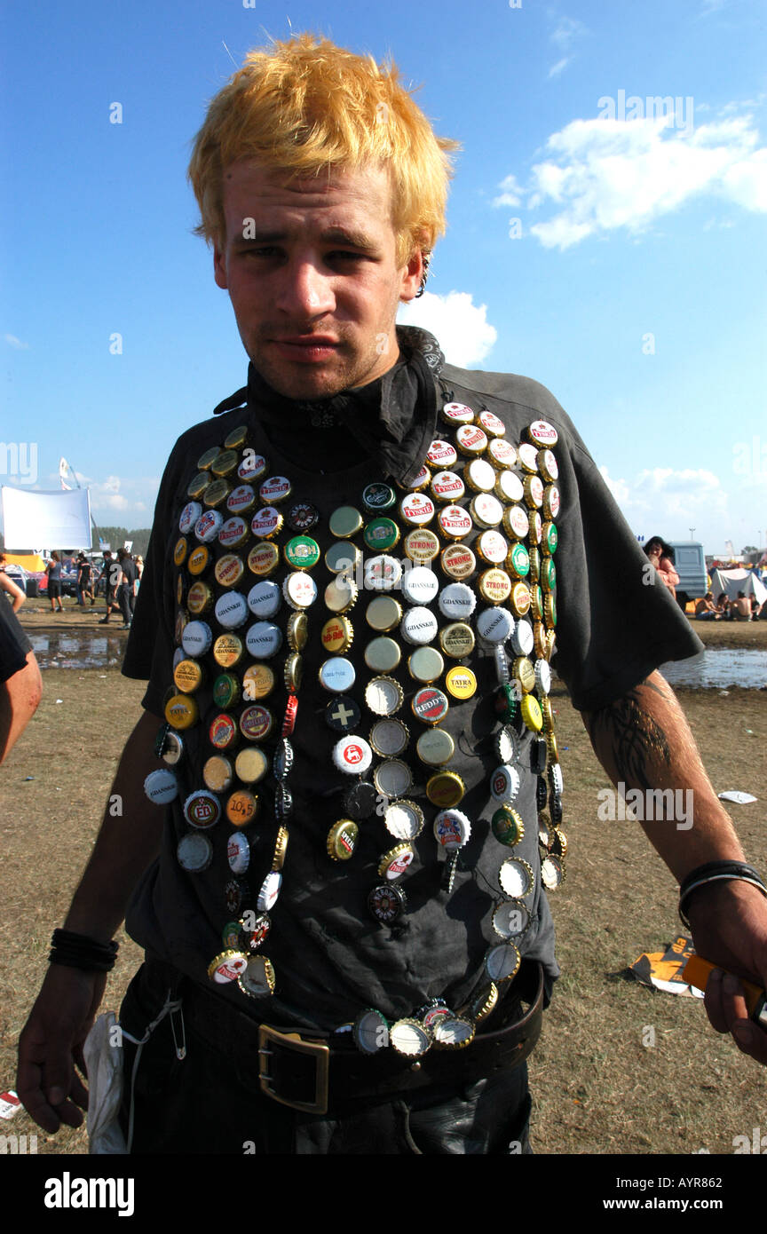 punk rocker with a lot of badges made of beer Stock Photo - Alamy