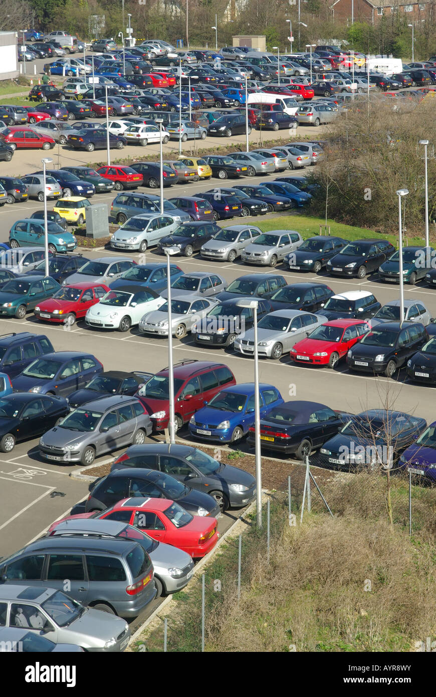 Aerial view of large full up busy hospital staff and visitor fee ...