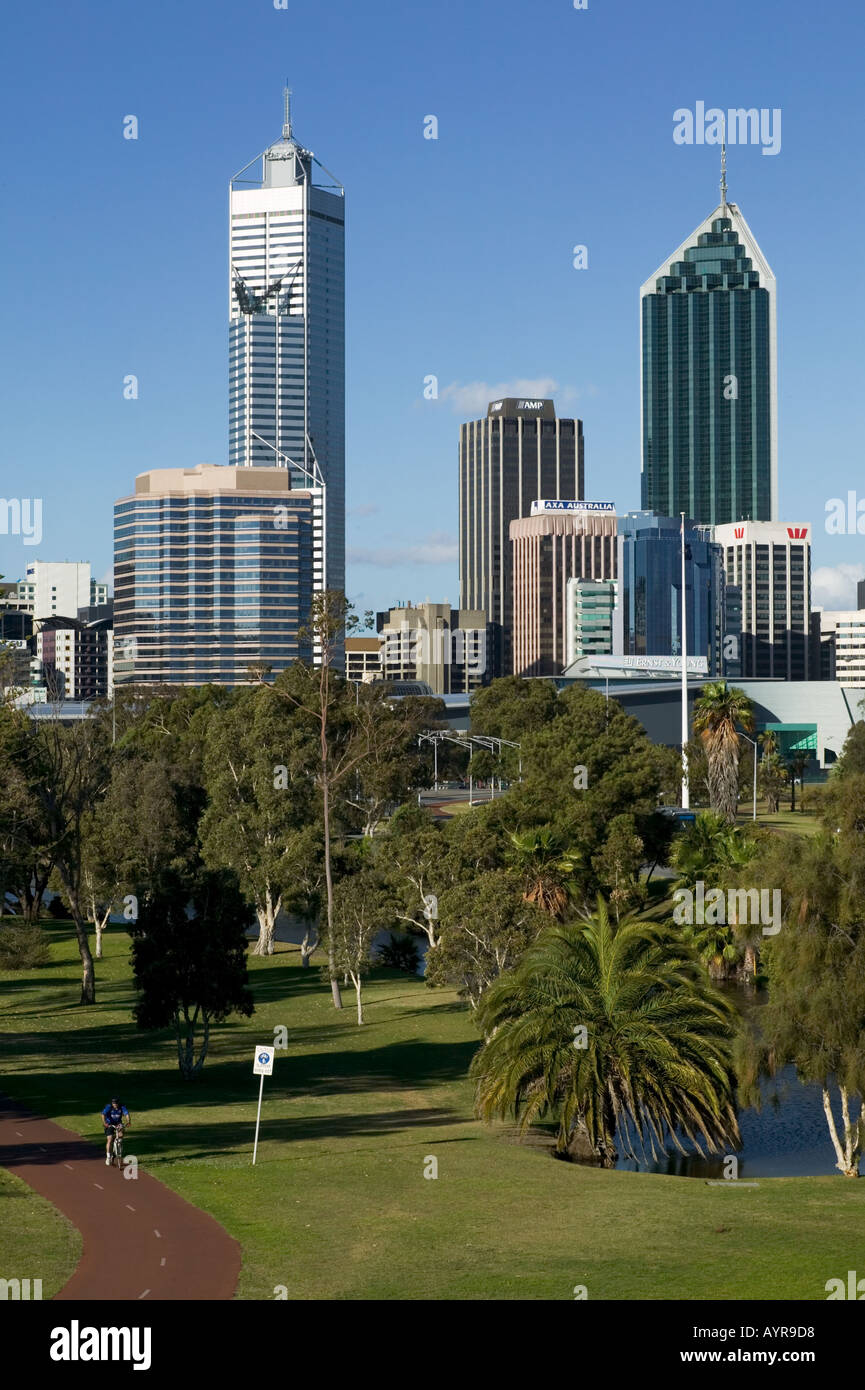 Perth city centre across the Swan River from Narrows Bridge carrying ...