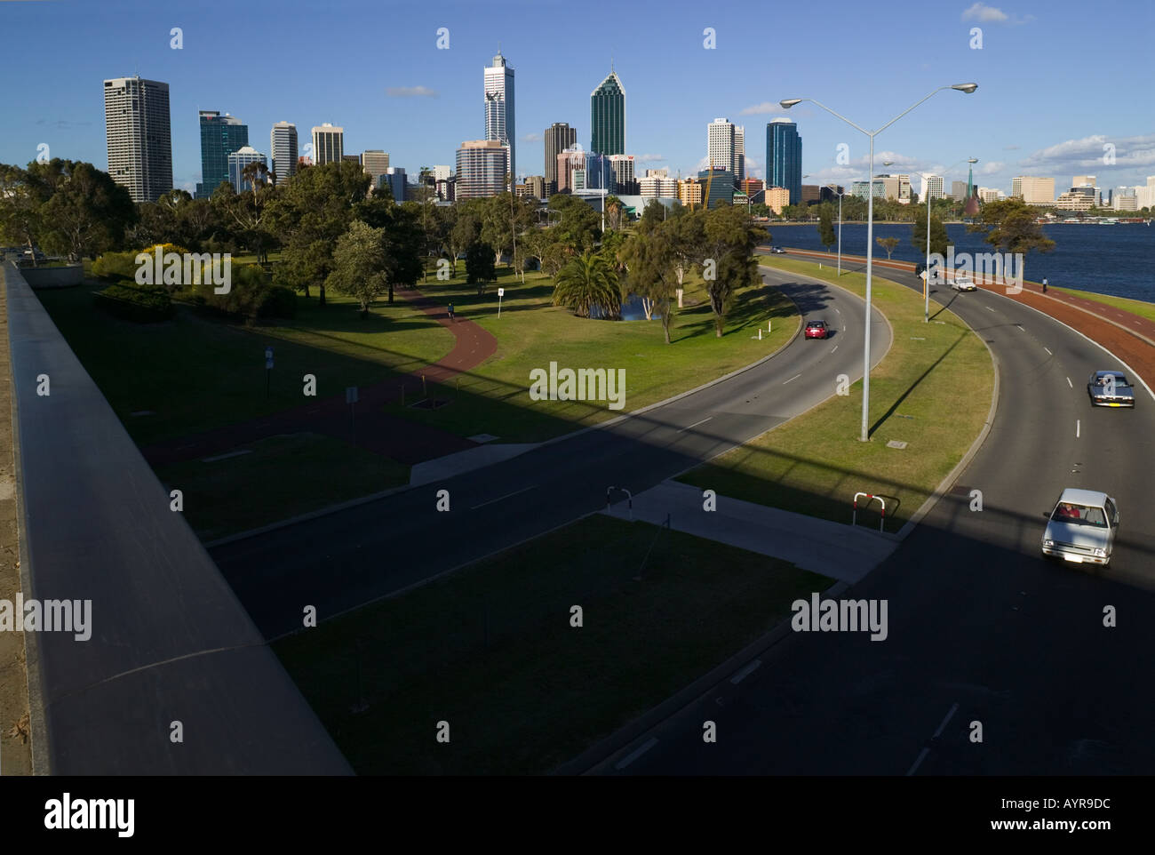 Perth city centre across the Swan River from Narrows Bridge carrying ...