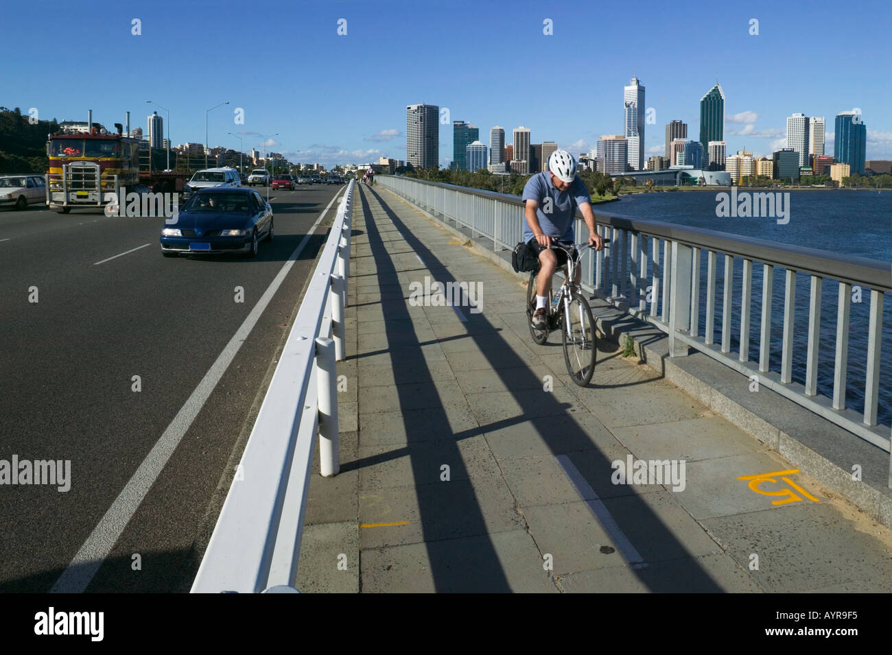 Perth city centre across the Swan River from Narrows Bridge carrying ...