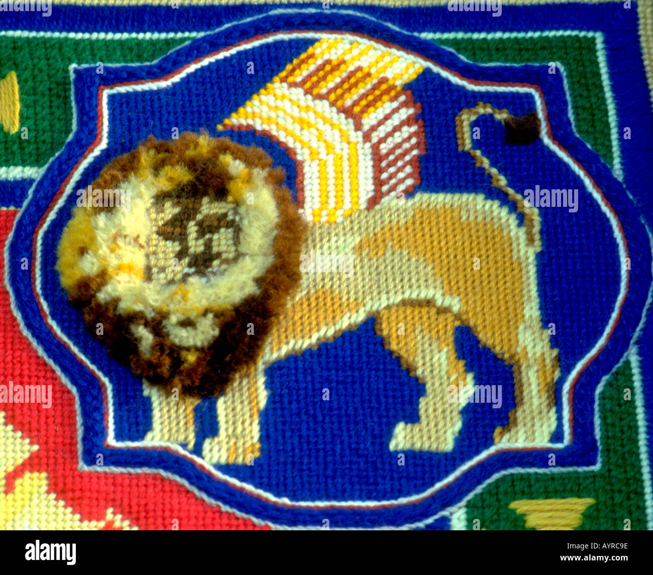 Symbol of St. Mark the winged lion on needlepoint tapestry. St Paul ...