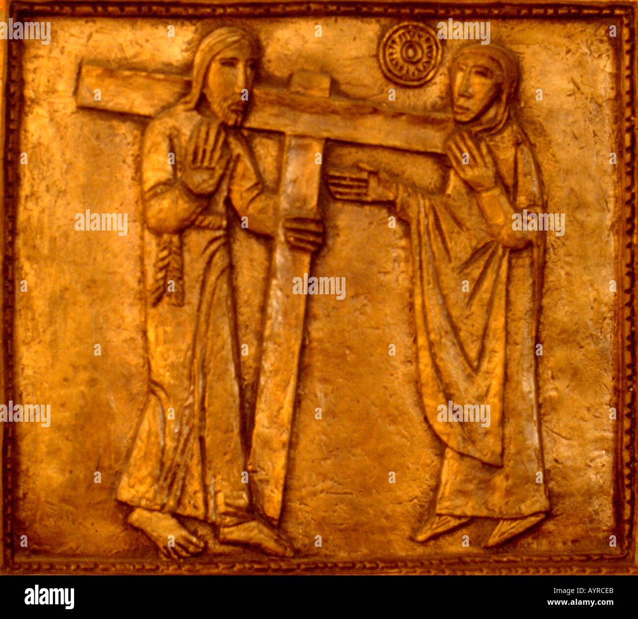 Stations of the Cross number four Jesus carrying cross passing Mary ...