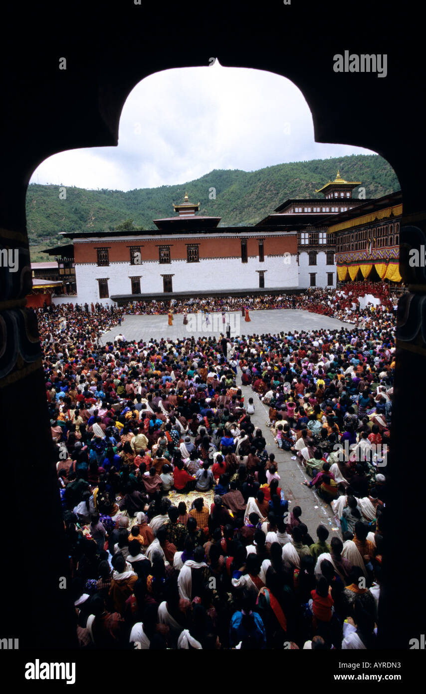 The Thimphu Tsechu (festival) seen from the window of the monks' room ...