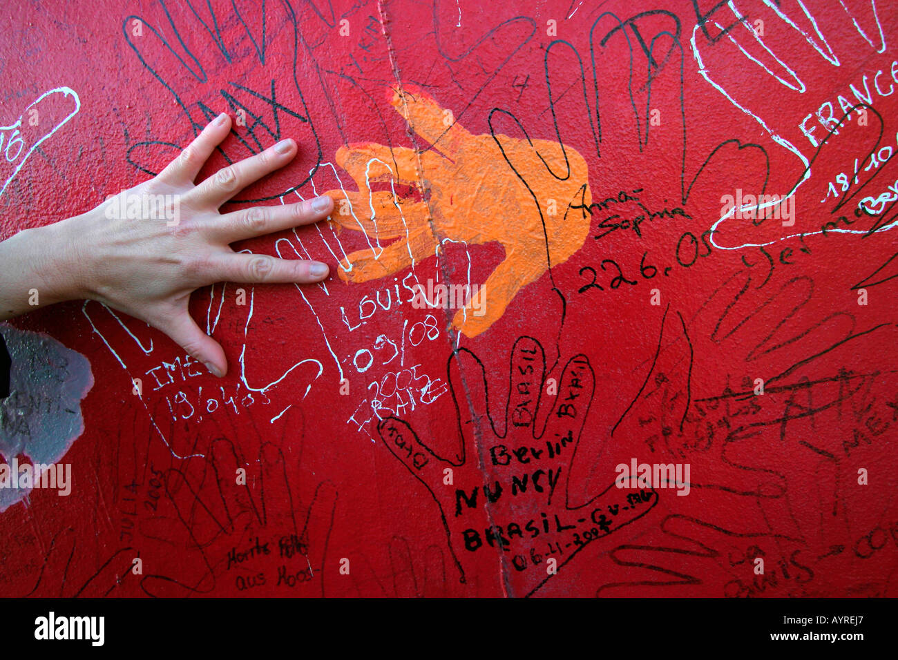 A hand touching the graffiti hand painted on the Berlin wall, Berlin ...