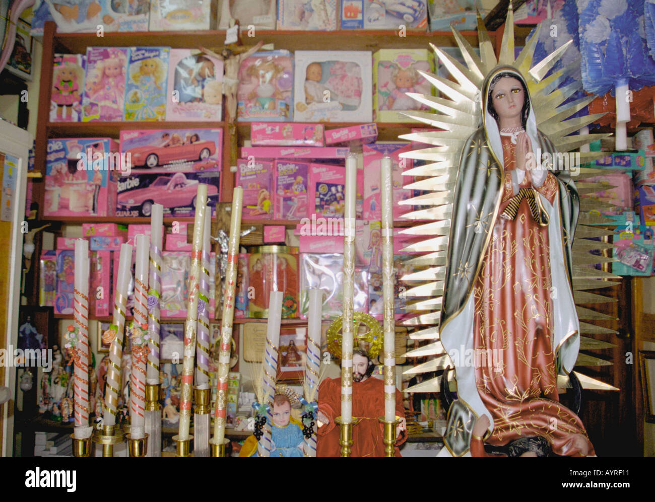 August 1997 Chiapas Mexico Religious iconography on sale with Barbie ...