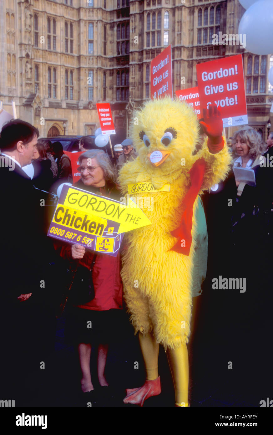 Political protest at Parliment with Gordon Brown portrayed as a chicken ...