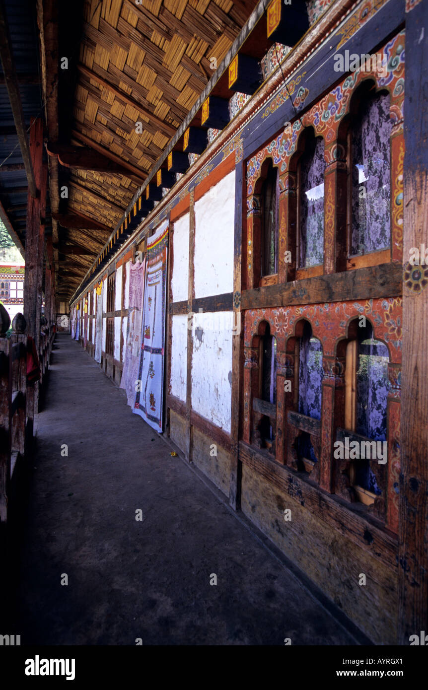 A corridor in the courtyard of the Tamshing Lhakhang monastery, Bhutan ...