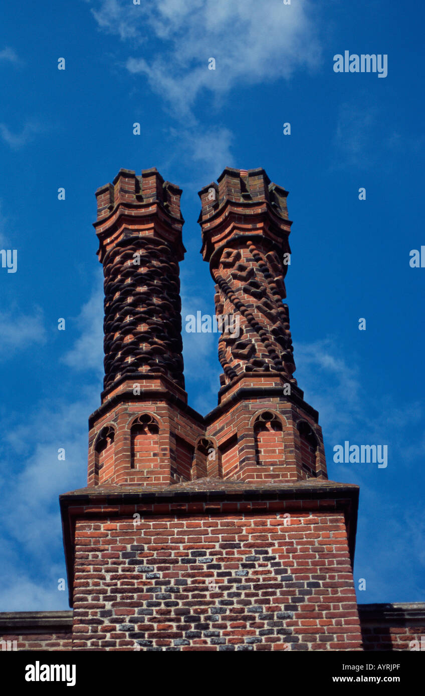Two Tudor chimneys at Hampton Court Palace, Middlesex, west London ...