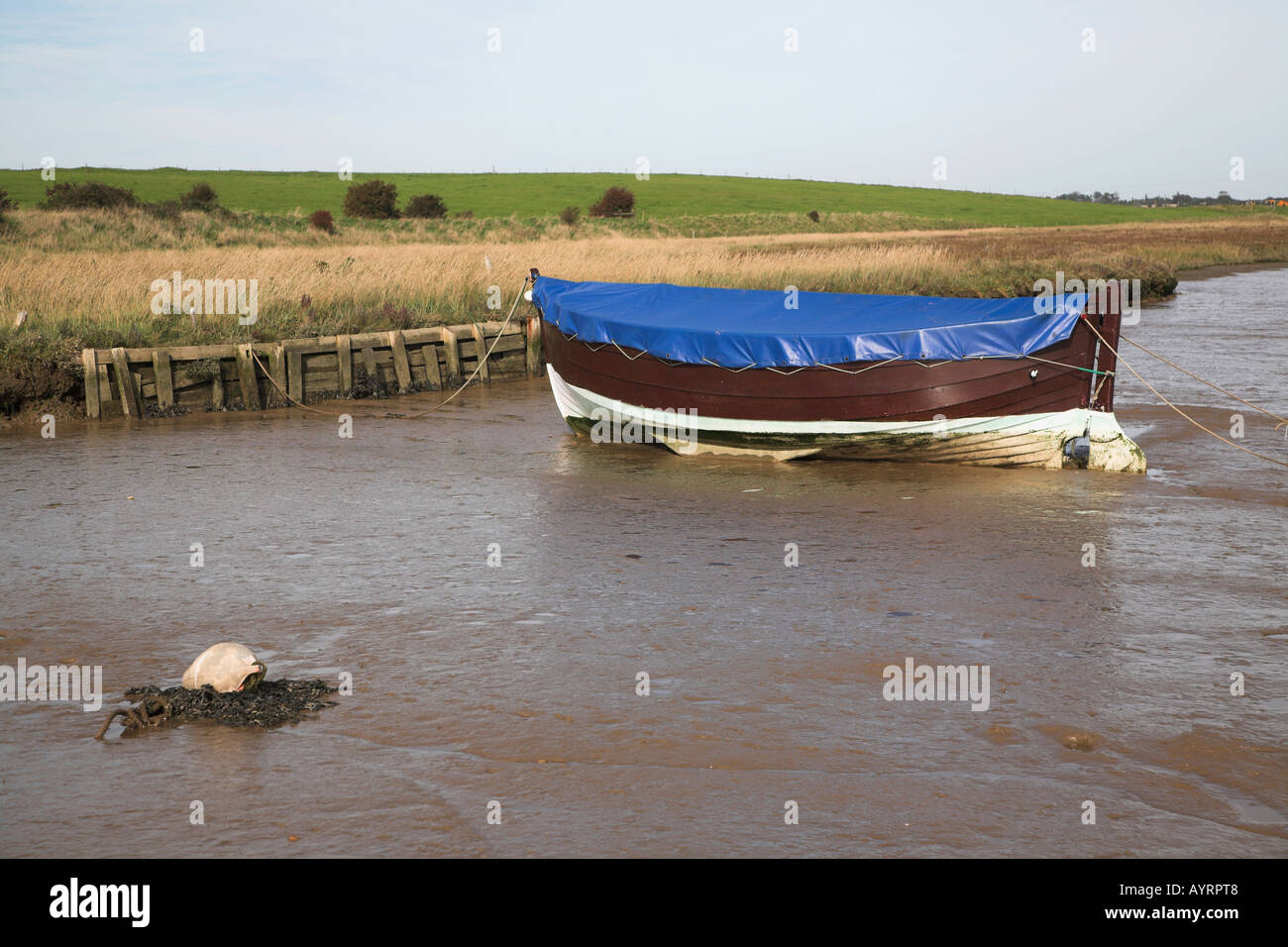 Wooden boat with blue plastic cover in mud of tidal Butley Creek river ...