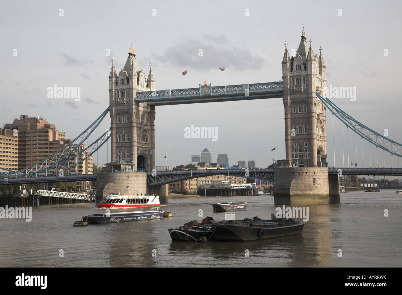 Tower Bridge and boats on River Thames London England November 2006 ...